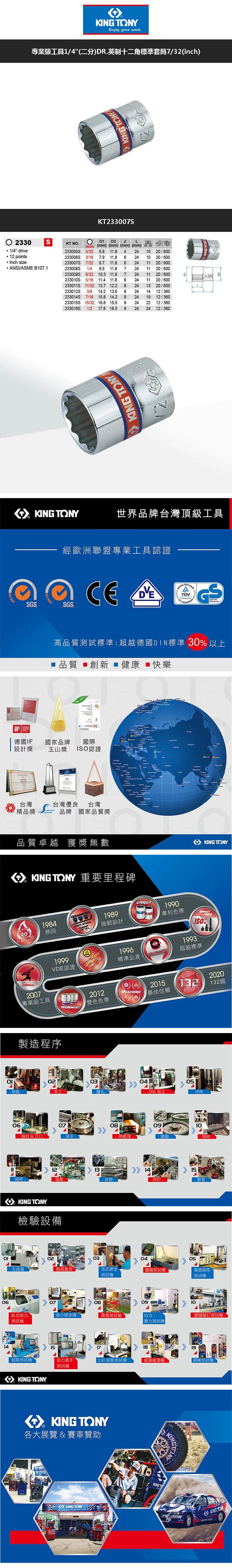 KING TONY 金統立工具 金統立 專業級工具1/4"(二分)DR.英制十二角標準套筒7/32(inch) KT233007S ...