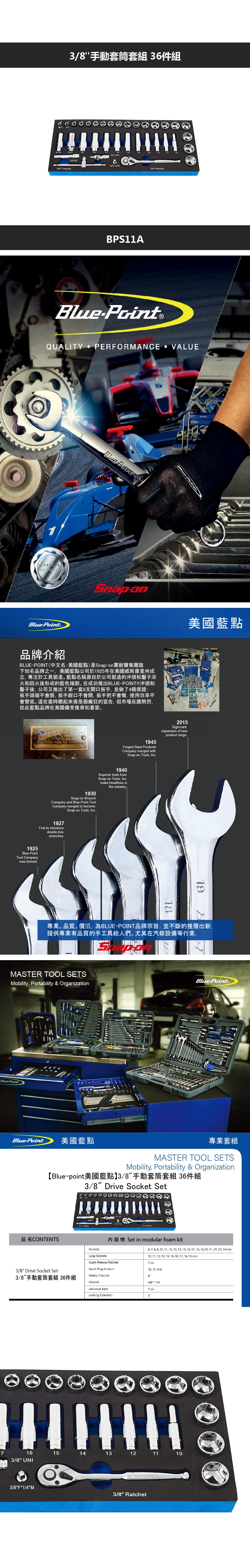 Blue-Point 美國藍點 3/8"手動套筒套組 36件組 BPS11A - PChome 24h購物
